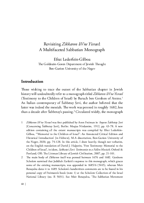 (PDF) Revisiting Zikkaron liVne Yisrael: A Multifaceted Sabbatian Monograph