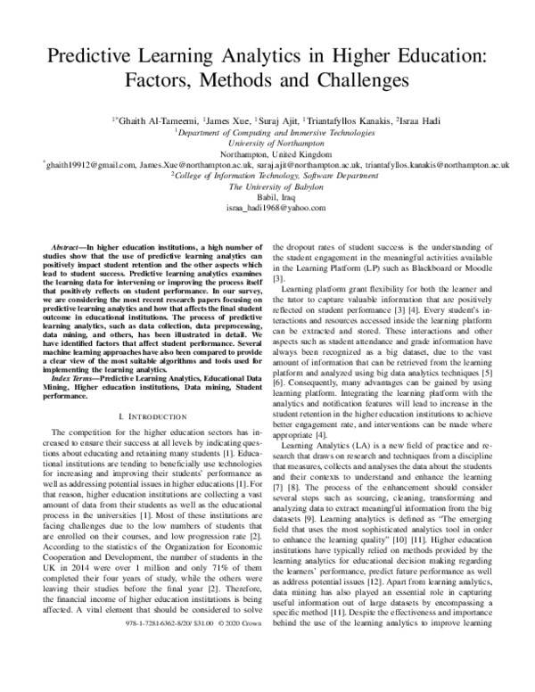 (PDF) Predictive Learning Analytics in Higher Education: Factors, Methods and Challenges