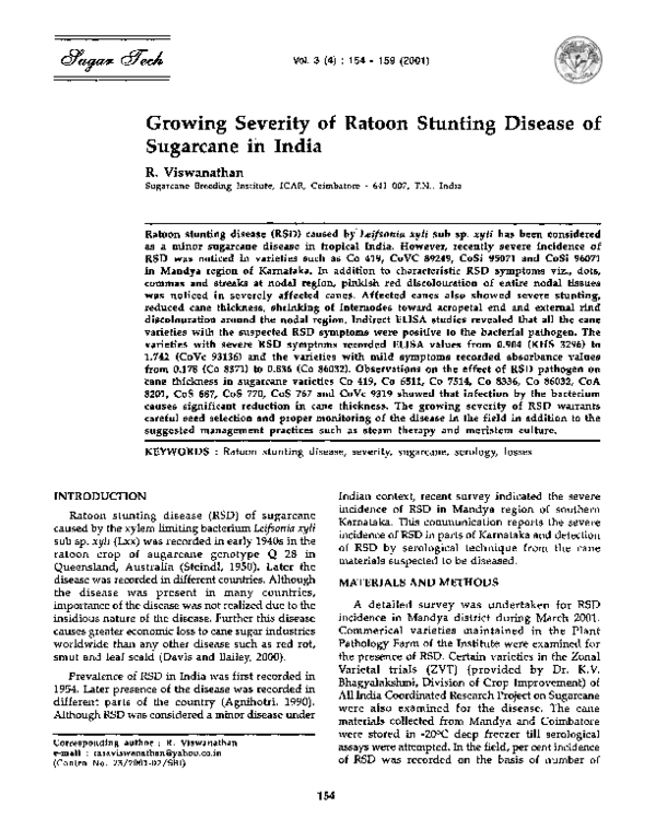 (PDF) Growing severity of ratoon stunting disease of sugarcane in India