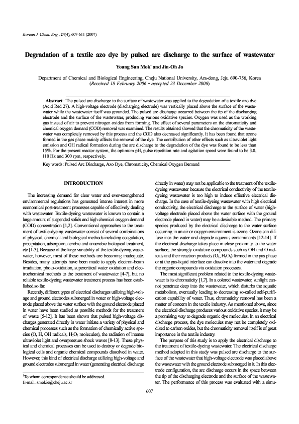 (PDF) Degradation of a textile azo dye by pulsed arc discharge to the ...