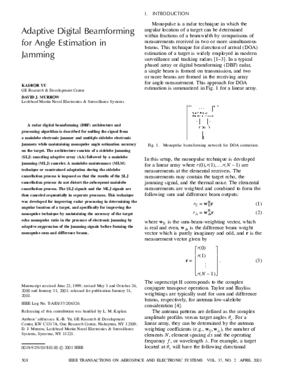 (PDF) Adaptive digital beamforming for angle estimation in jamming