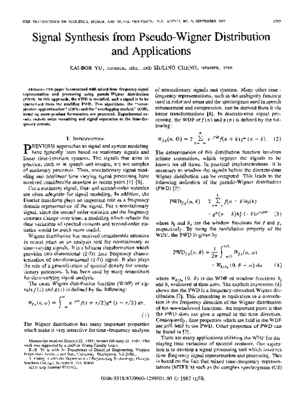 Pdf Signal Synthesis From Pseudo Wigner Distribution And Applications