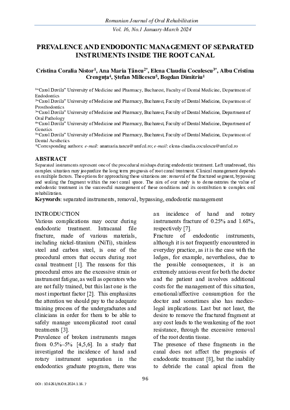 (PDF) PREVALENCE AND ENDODONTIC MANAGEMENT OF SEPARATED INSTRUMENTS ...