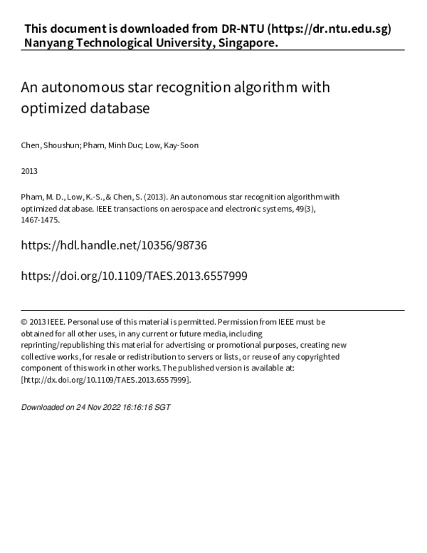 (PDF) An Autonomous Star Recognition Algorithm with Optimized Database