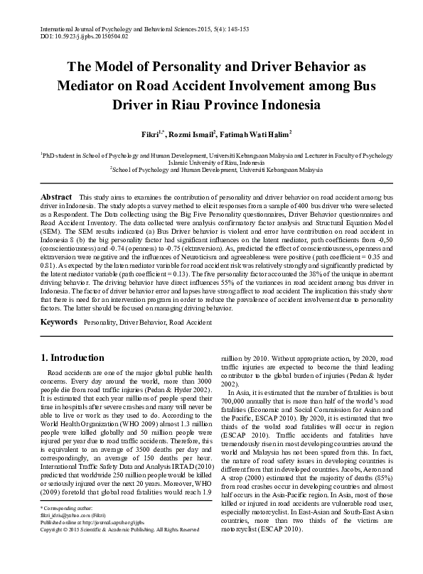 (PDF) The Model of Personality and Driver Behavior as Mediator on Road ...