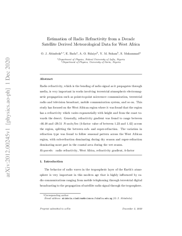 (PDF) Estimation of Radio Refractivity from a Decade Satellite Derived Meteorological Data for ...