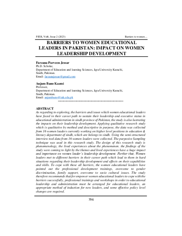 (PDF) BARRIERS TO WOMEN EDUCATIONAL LEADERS IN PAKISTAN: IMPACT ON ...