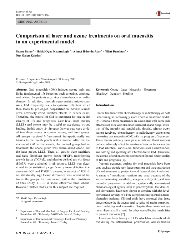 (PDF) Comparison of laser and ozone treatments on oral mucositis in an experimental model