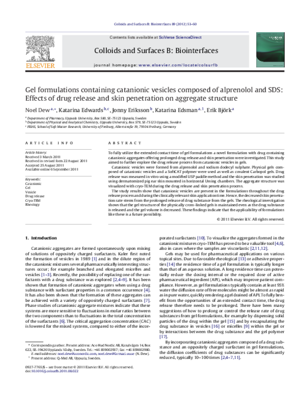 (PDF) Gel formulations containing catanionic vesicles composed of ...