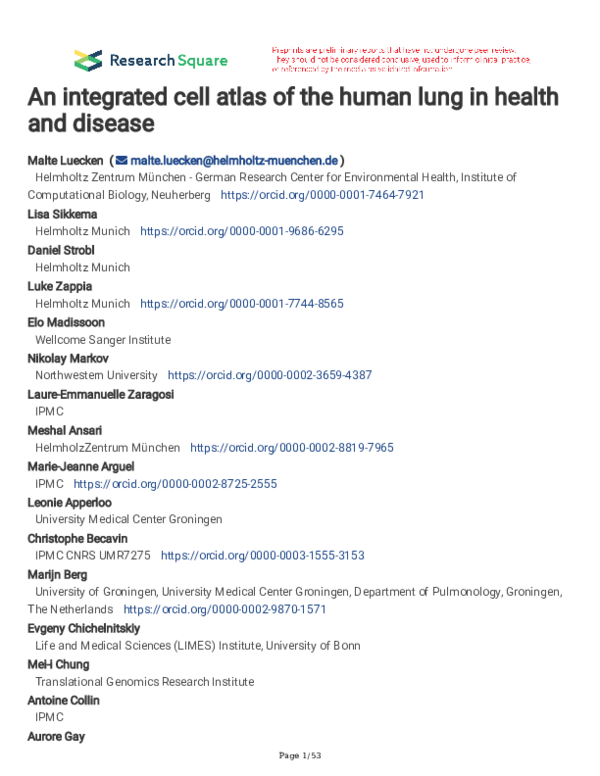 (PDF) Integrated Human Lung Cell Atlas: Health and Disease Insights