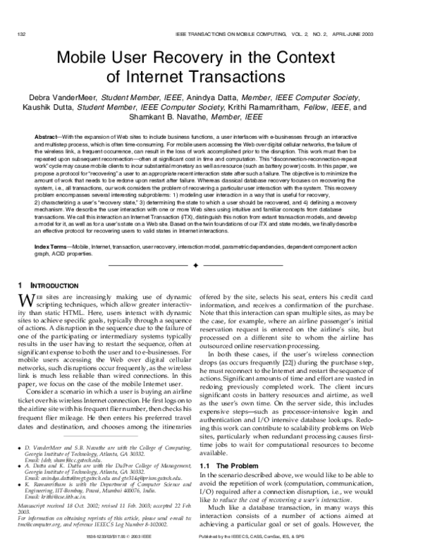 (PDF) Mobile user recovery in the context of internet transactions | Krithi Ramamritham ...