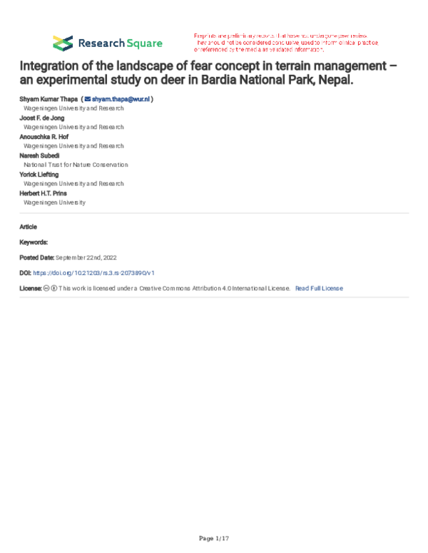 (PDF) Fear Dynamics in Terrain Management for Deer