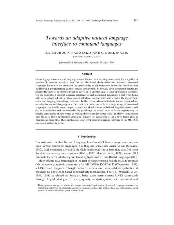 (PDF) Towards an adaptive natural language interface to command languages