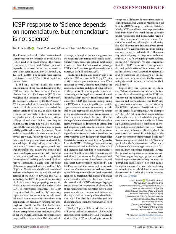 (PDF) ICSP response to ‘Science depends on nomenclature, but nomenclature is not science’