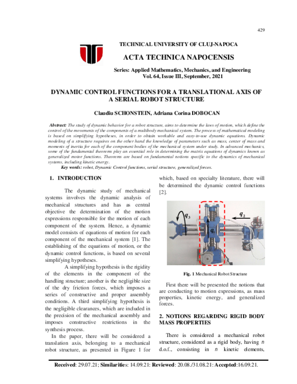 Pdf Dynamic Control Functions For A Translational Axis Of A Serial Robot Structure