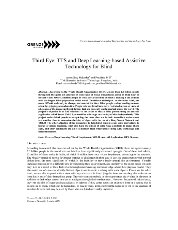 (PDF) Third Eye: TTS and Deep Learning-based Assistive Technology for Blind | Grenze ...