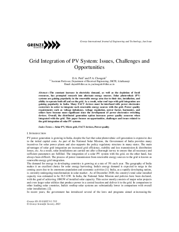 (PDF) Grid Integration of PV System: Issues, Challenges and Opportunities