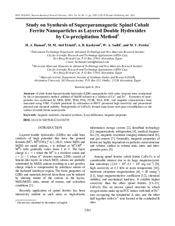 (PDF) Study on synthesis of superparamagnetic spinel cobalt ferrite nanoparticles as layered ...