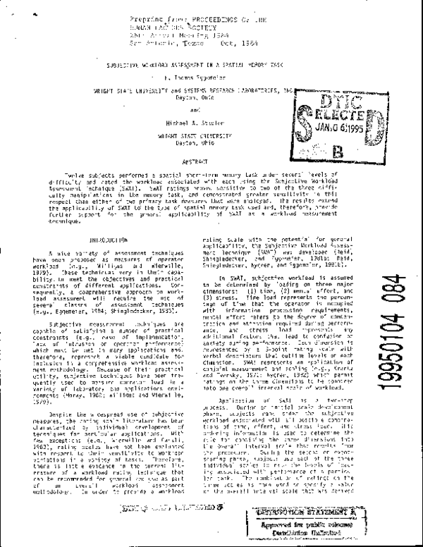 (PDF) Subjective Workload Assessment in a Spatial Memory Task