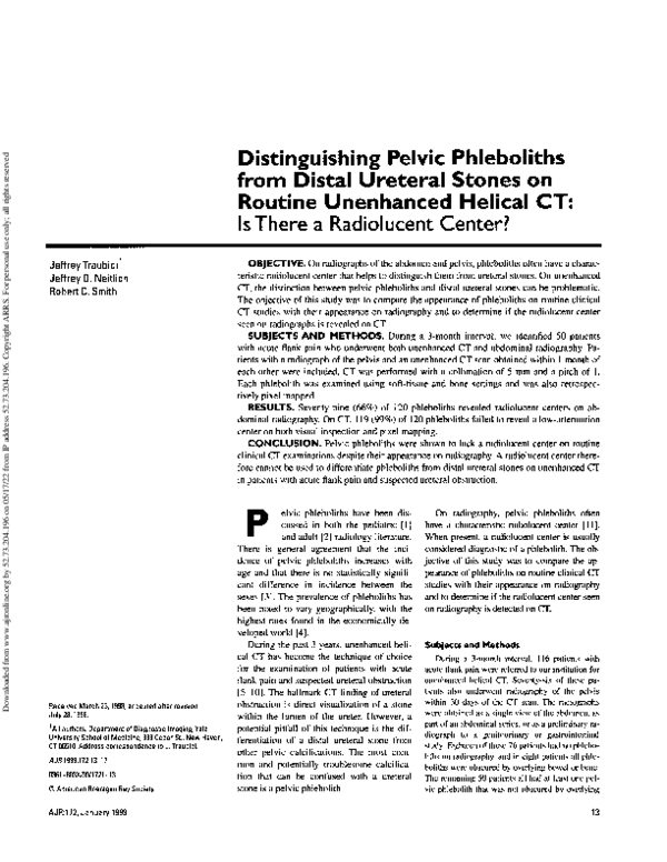 (PDF) Distinguishing pelvic phleboliths from distal ureteral stones on ...