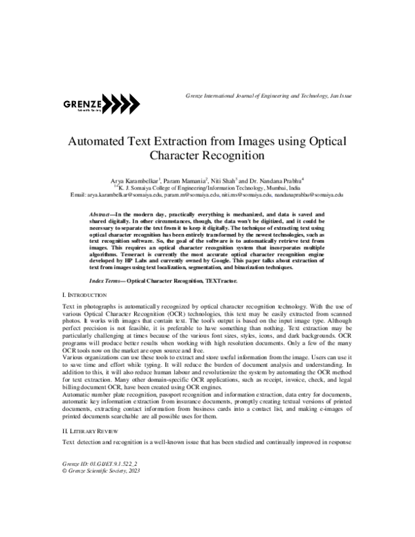 (PDF) Automated Text Extraction from Images using Optical Character ...