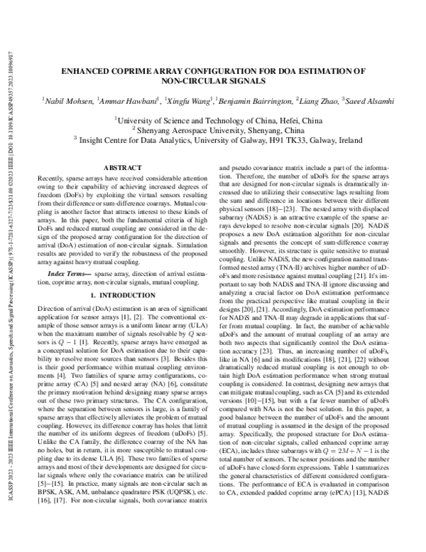 Pdf Enhanced Coprime Array Configuration For Doa Estimation Of Non Circular Signals