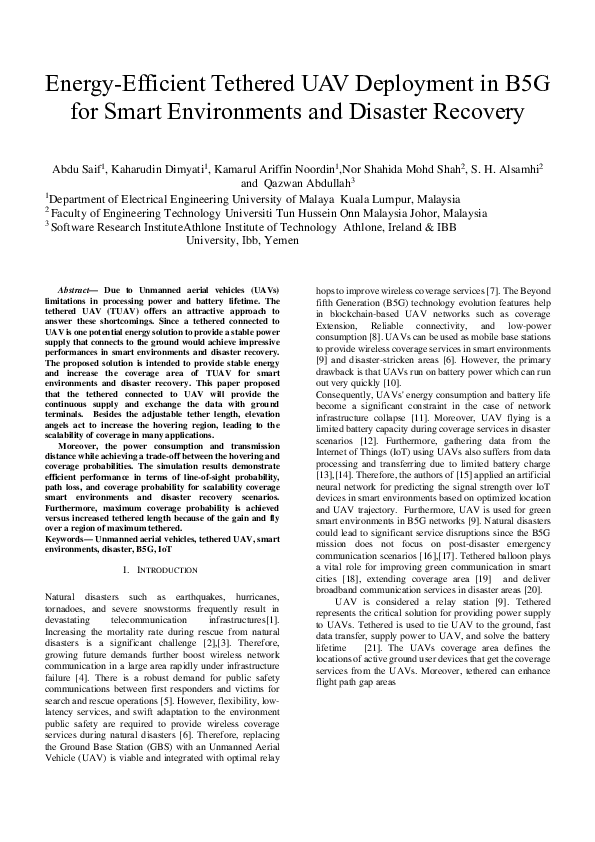 (PDF) Energy-Efficient Tethered UAV Deployment in B5G for Smart Environments and Disaster Recovery