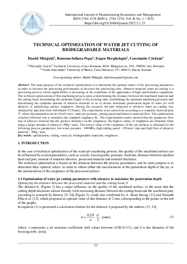 (PDF) Technical Optimization of Water Jet Cutting of Biodegradable Materials