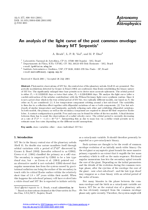 (PDF) An analysis of the light curve of the post common envelope binary MT Serpentis