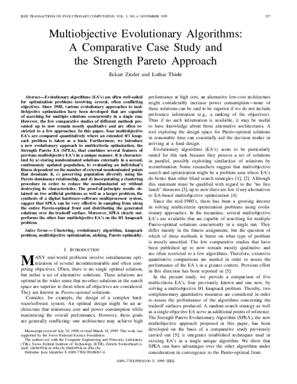 (PDF) Multiobjective evolutionary algorithms: a comparative case study and the strength Pareto ...