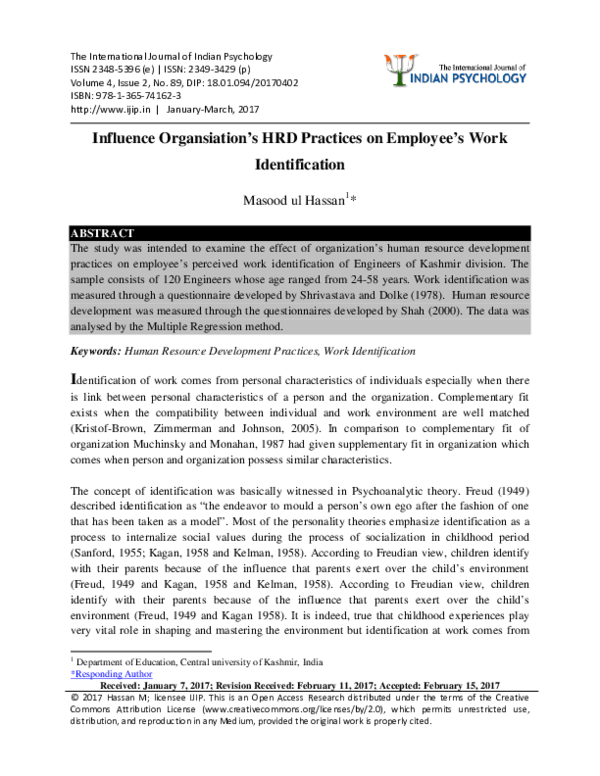(PDF) Influence Organsiation’s HRD Practices on Employee’s Work Identification