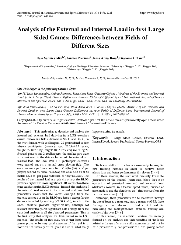 (PDF) Analysis of the External and Internal Load in 4vs4 Large Sided ...