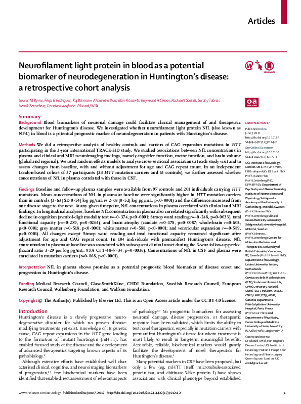 (PDF) Neurofilament light protein in blood as a potential biomarker of neurodegeneration in ...