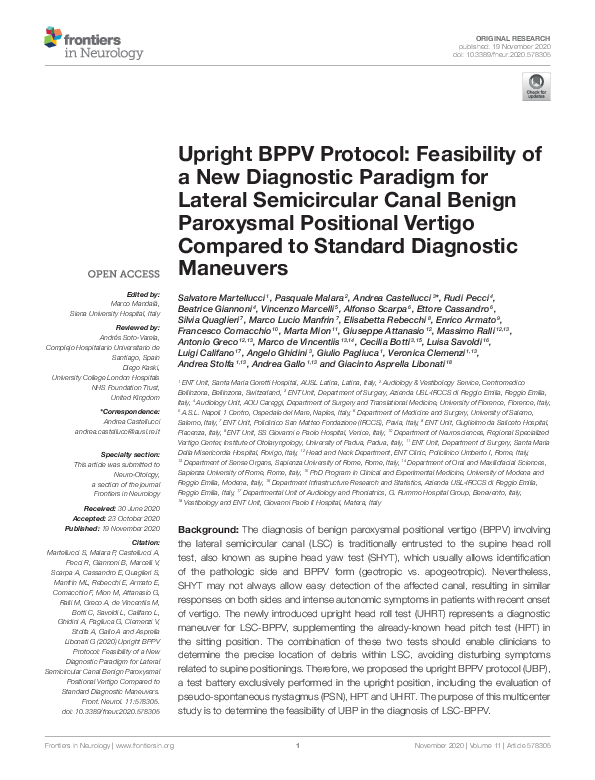 (PDF) Upright BPPV Protocol: Feasibility of a New Diagnostic Paradigm ...