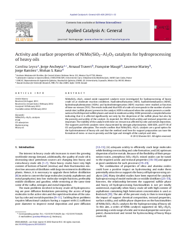 (PDF) Activity and surface properties of NiMo/SiO2–Al2O3 catalysts for hydroprocessing of heavy oils