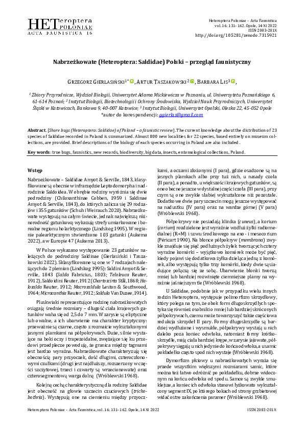 (PDF) Nabrzeżkowate (Heteroptera: Saldidae) Polski – przegląd faunistyczny / Shore bugs ...