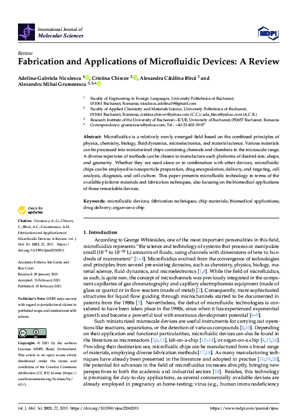 (PDF) Fabrication and Applications of Microfluidic Devices: A Review