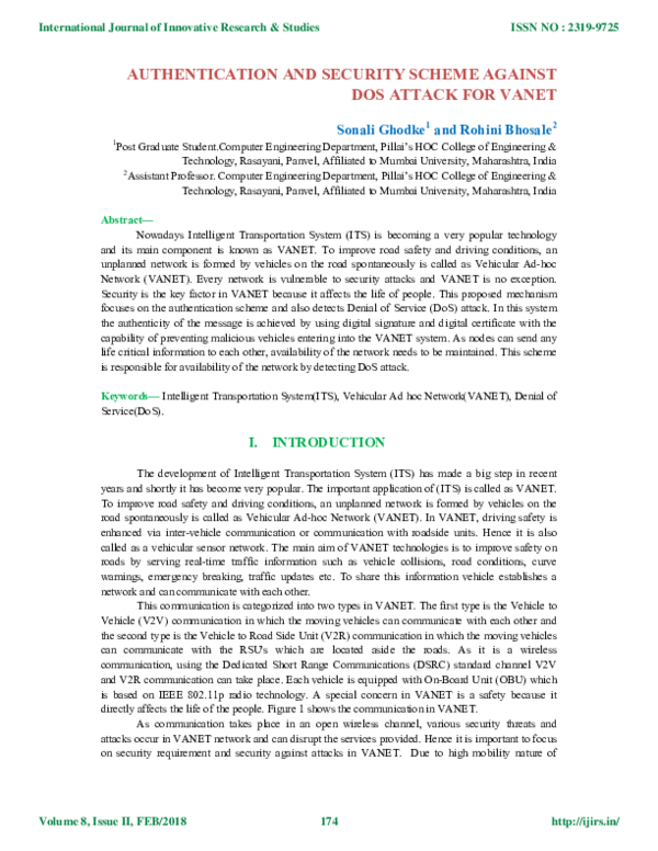 (PDF) Authentication and Security Scheme Against Dos Attack for Vanet