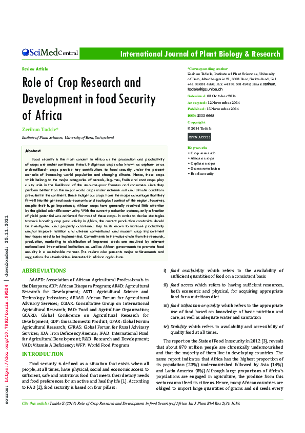 (PDF) Role of Crop Research and Development in food Security of Africa