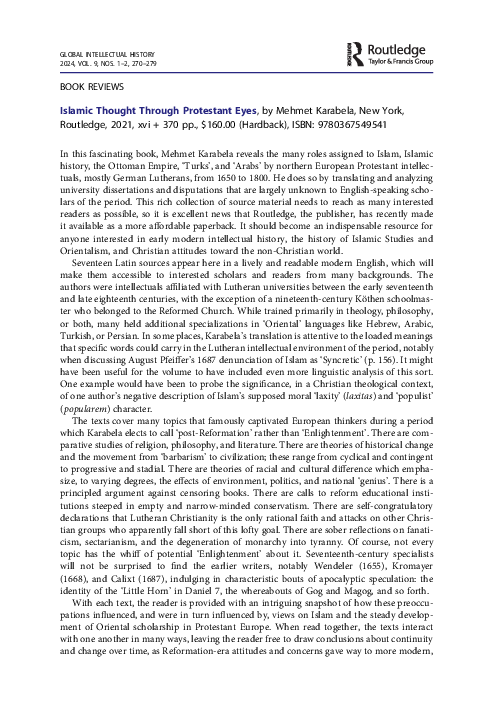 (PDF) Book Review of Islamic Thought Through Protestant Eyes, in Global ...