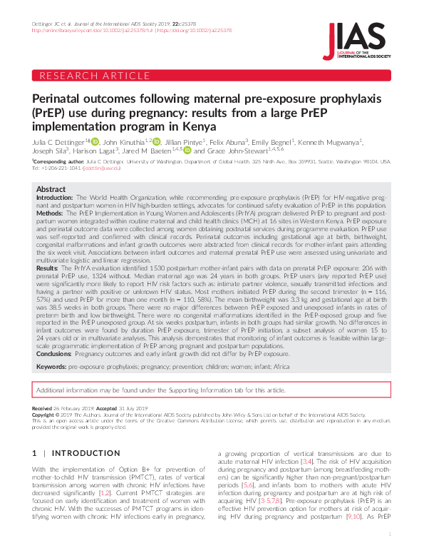 (PDF) Perinatal outcomes following maternal pre‐exposure prophylaxis ...