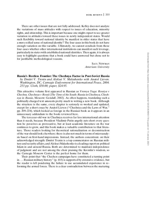 (PDF) Russia's Restless Frontier: The Chechnya Factor in Post-Soviet Russia