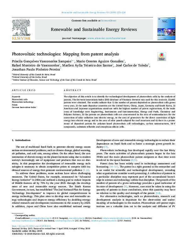 (PDF) Photovoltaic technologies: Mapping from patent analysis