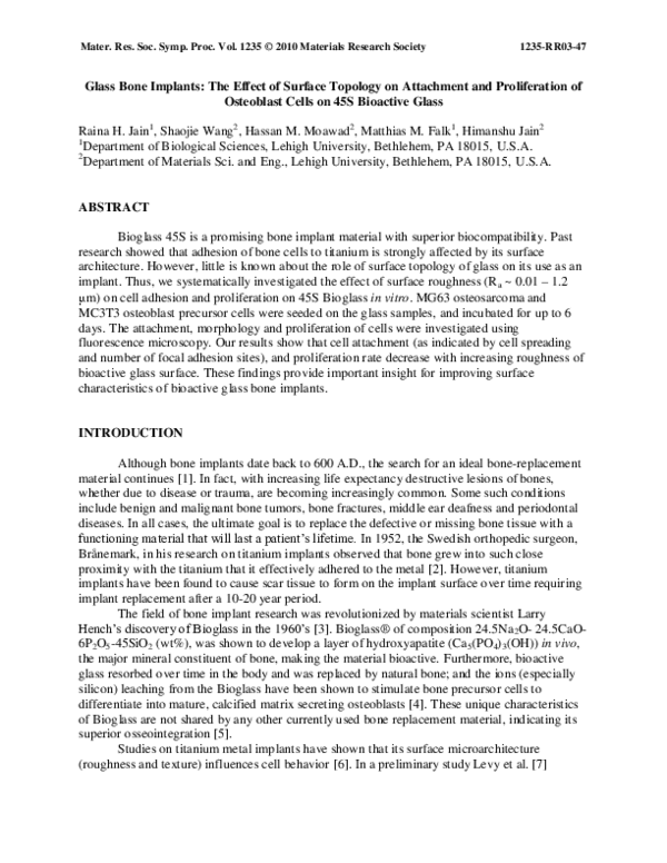 (PDF) Glass Bone Implants: The Effect of Surface Topology on Attachment and Proliferation of ...