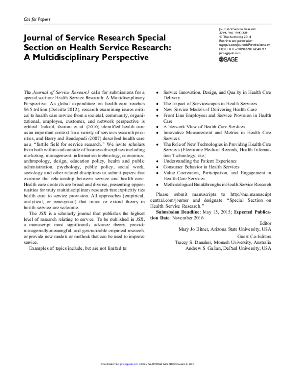 (PDF) Journal of Service Research Special Section on Health Service ...