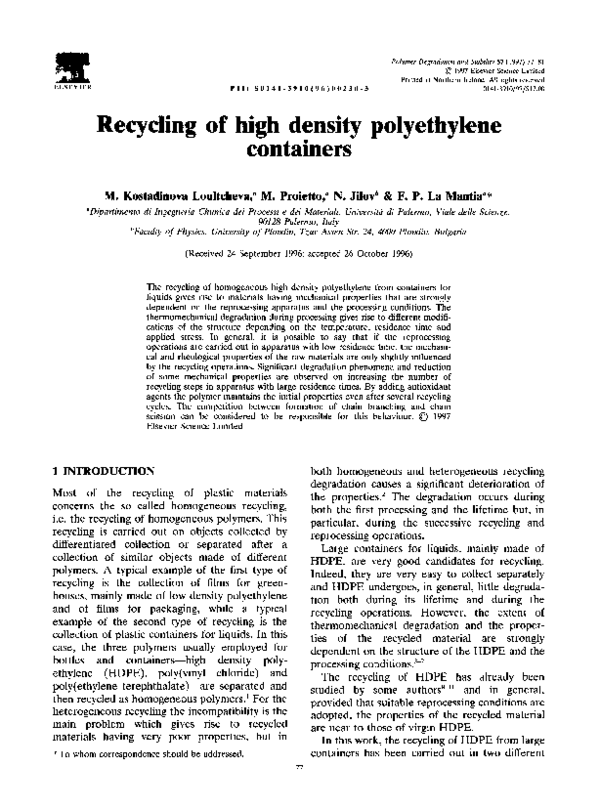 (PDF) Recycling of high density polyethylene containers