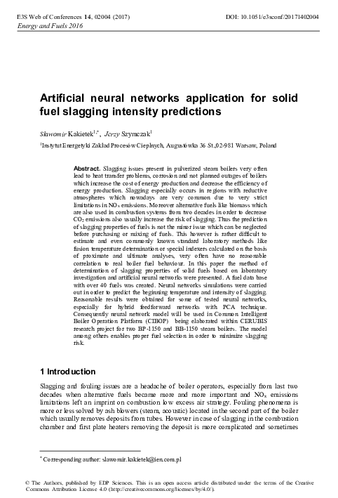(PDF) Artificial neural networks application for solid fuel slagging intensity predictions