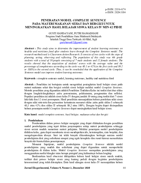 (PDF) Penerapan Model Complete Sentence Pada Materi Makanan Sehat Dan ...