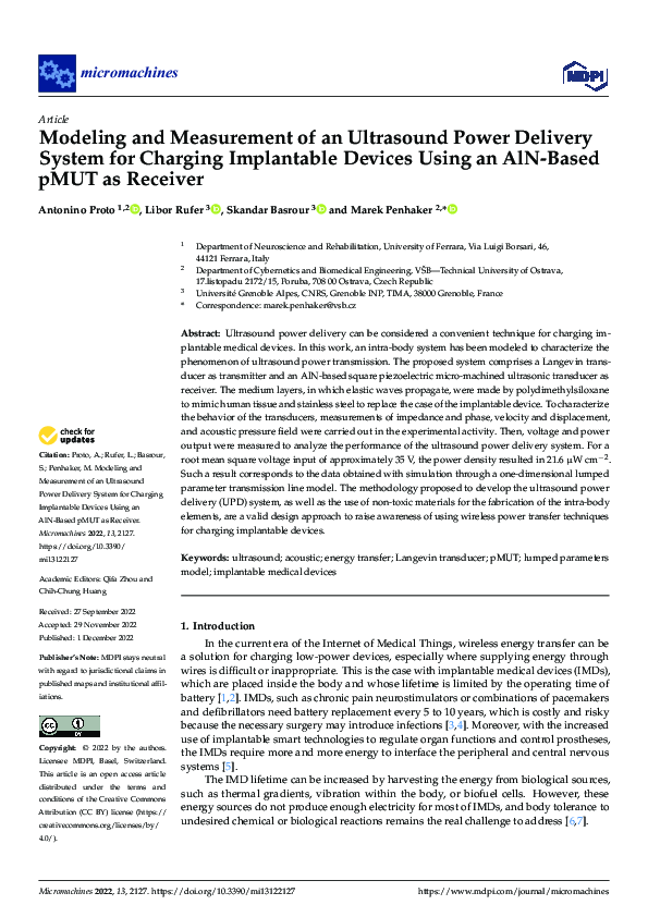 (PDF) Modeling and Measurement of an Ultrasound Power Delivery System for Charging Implantable ...