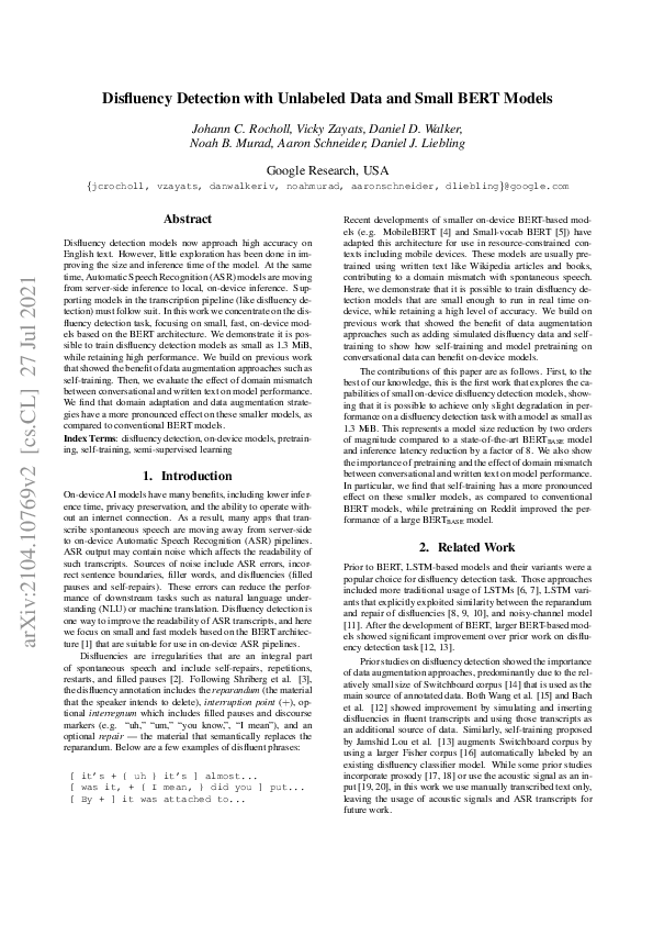 (PDF) Disfluency Detection with Unlabeled Data and Small BERT Models
